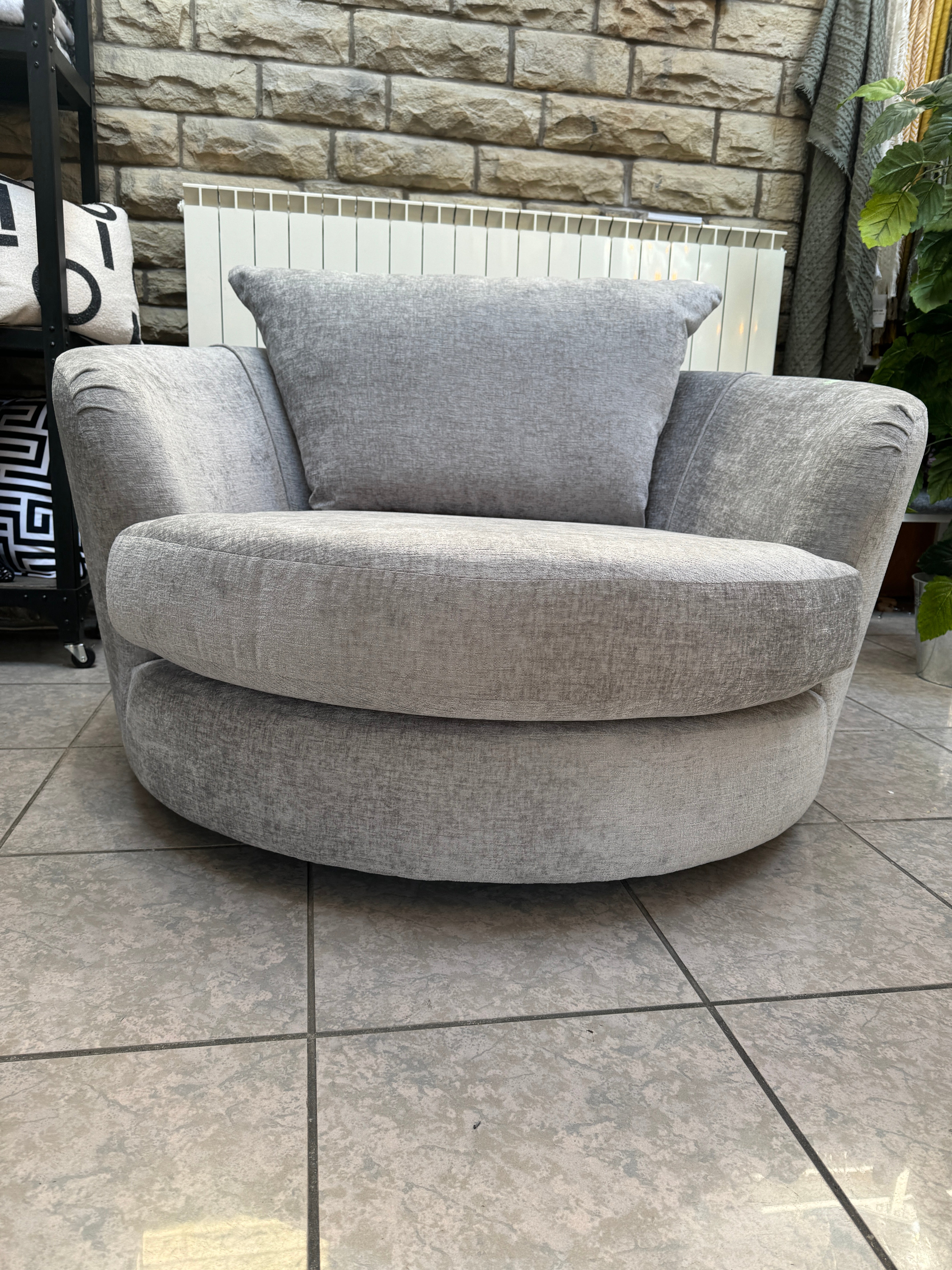 Raven large swivel round loveseat snuggler chair in silver chenille